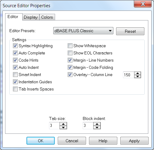 Editor Properties dialog box, Editor Page